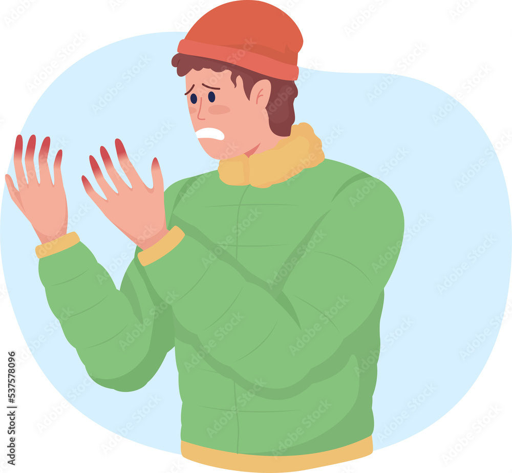 Frostbite on fingers from cold 2D raster isolated illustration. Worried ...
