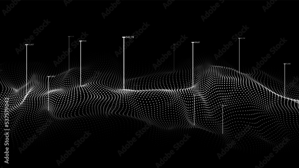 Digital halftone wave with dots on the dark background. The futuristic ...