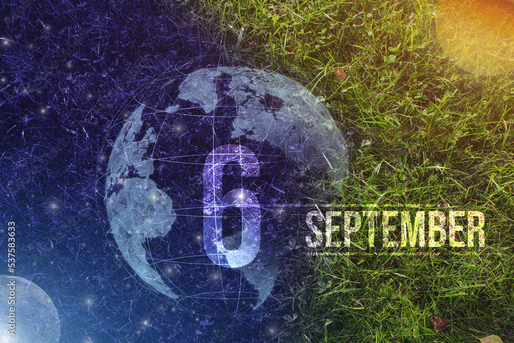 September 6th. Day 6 of month, Calendar date. Day to night background ...