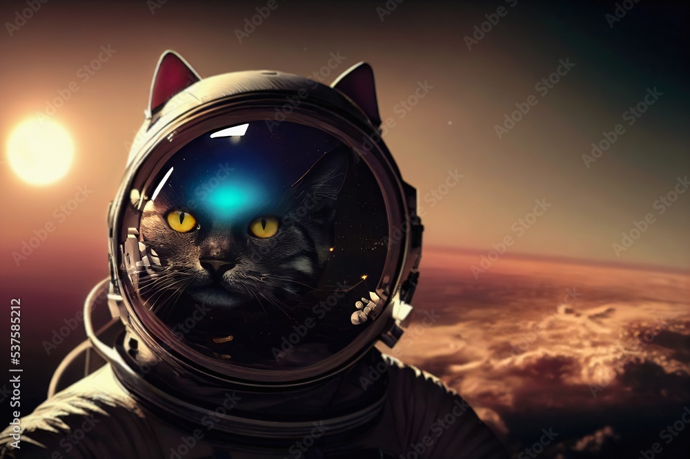 Astronaut cat in a space suit takes a selfie In space, levitates ...