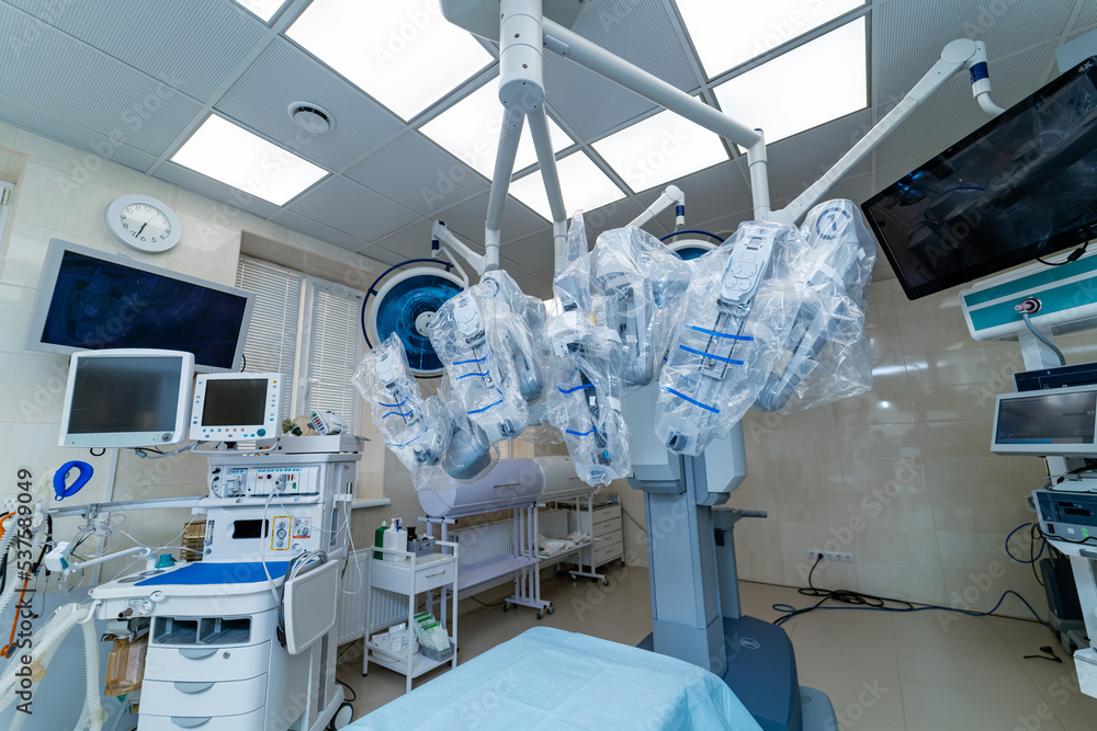 Medical surgery robot in empry room. New hospital robotic operating ...