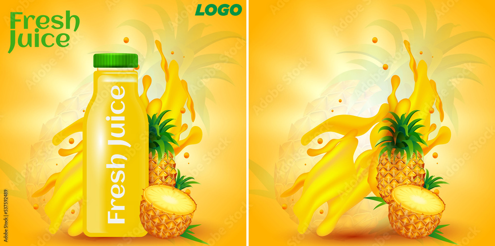 Pineapple Juice advertises a poster design with a Juice bottle. 3D ...