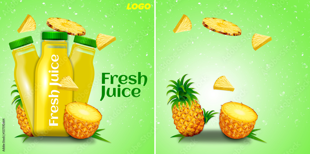 Pineapple Juice advertises a poster design with a Juice bottle. 3D ...