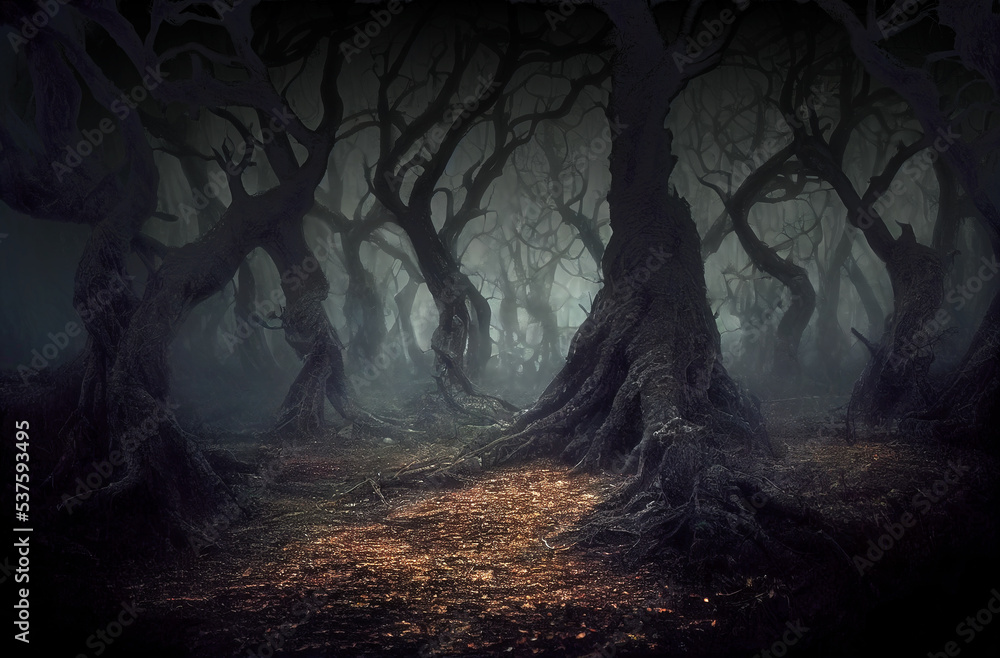 Scary forest at night, twisted tree silhouettes with bare branches ...