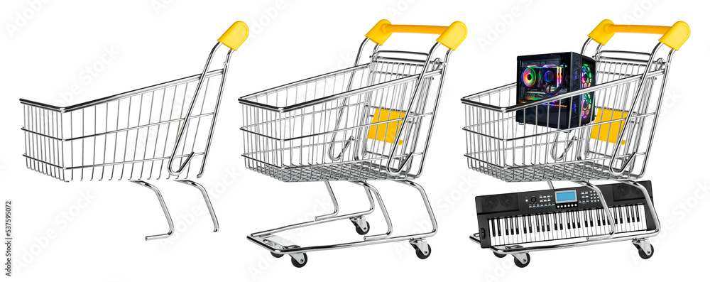 fillable empty yellow shopping cart with isolated front grid in front ...