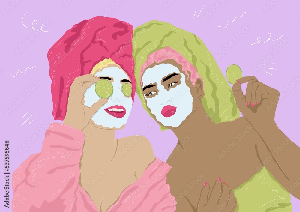 Women friends applying face masks together Stock Illustration | Adobe Stock