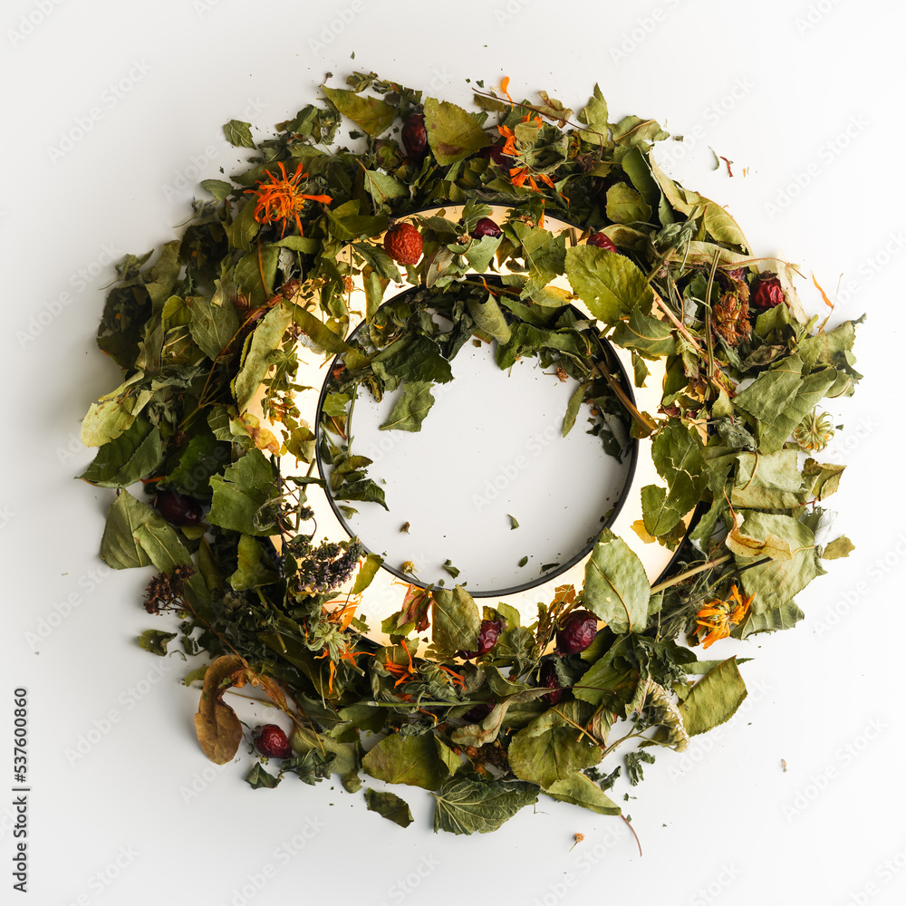 Beautiful frame made of natural dried plants. Healthy natural ...