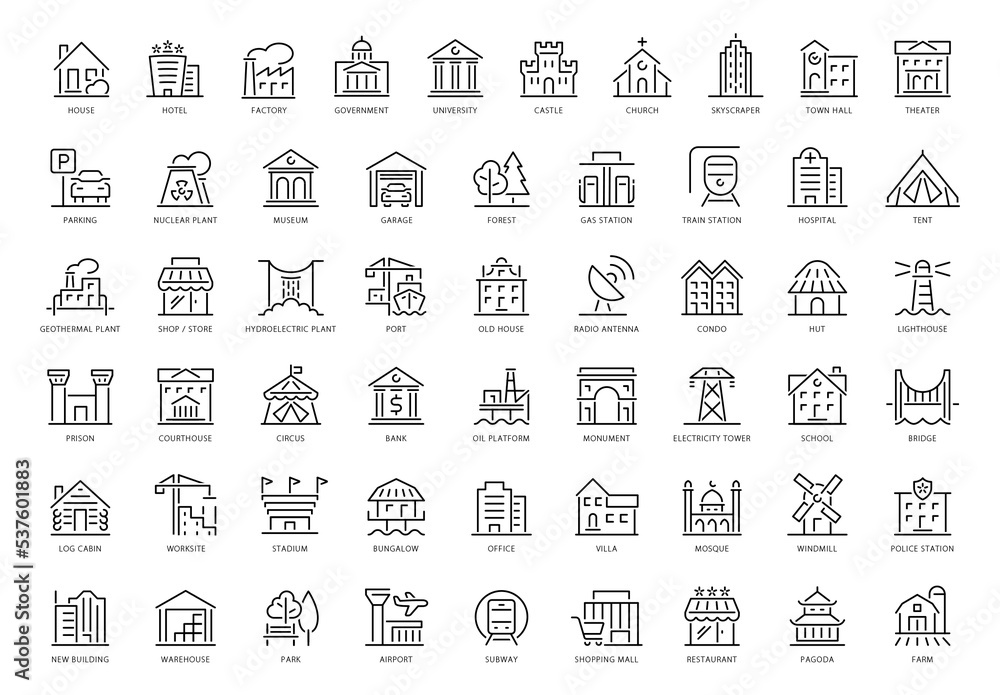 Buildings Outline Icons Set Stock Template | Adobe Stock