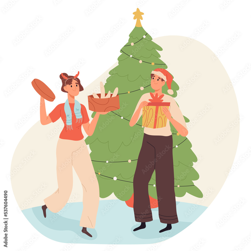 Cartoon Christmas eve characters decorating home and giving xmas gifts ...