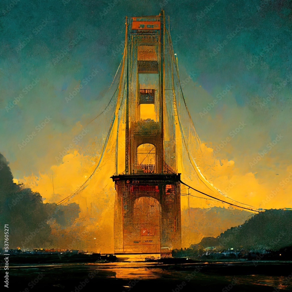 Golden Gate Bridge Sunset - Digital Art, 3D Render, Concept Art Stock ...
