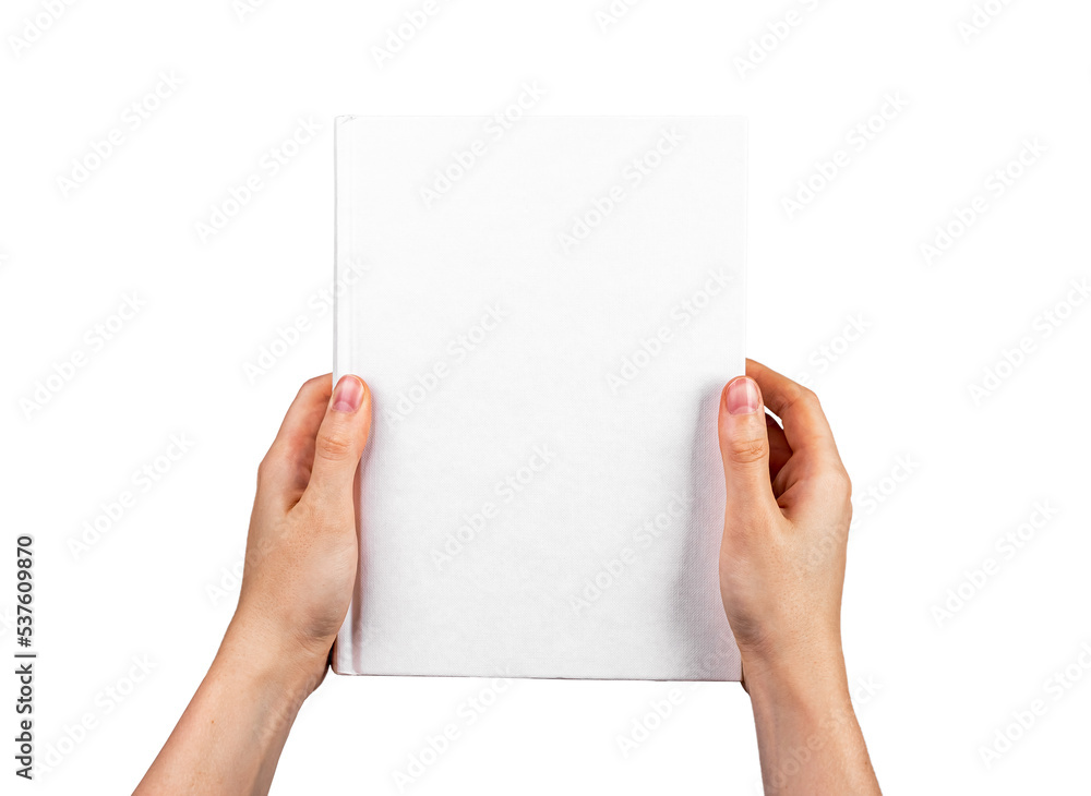 Paper book mock up template. Hard cover mockup in hand isolated on ...