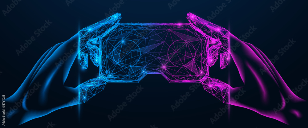 Hands holding virtual reality glasses. Transition to the digital space ...