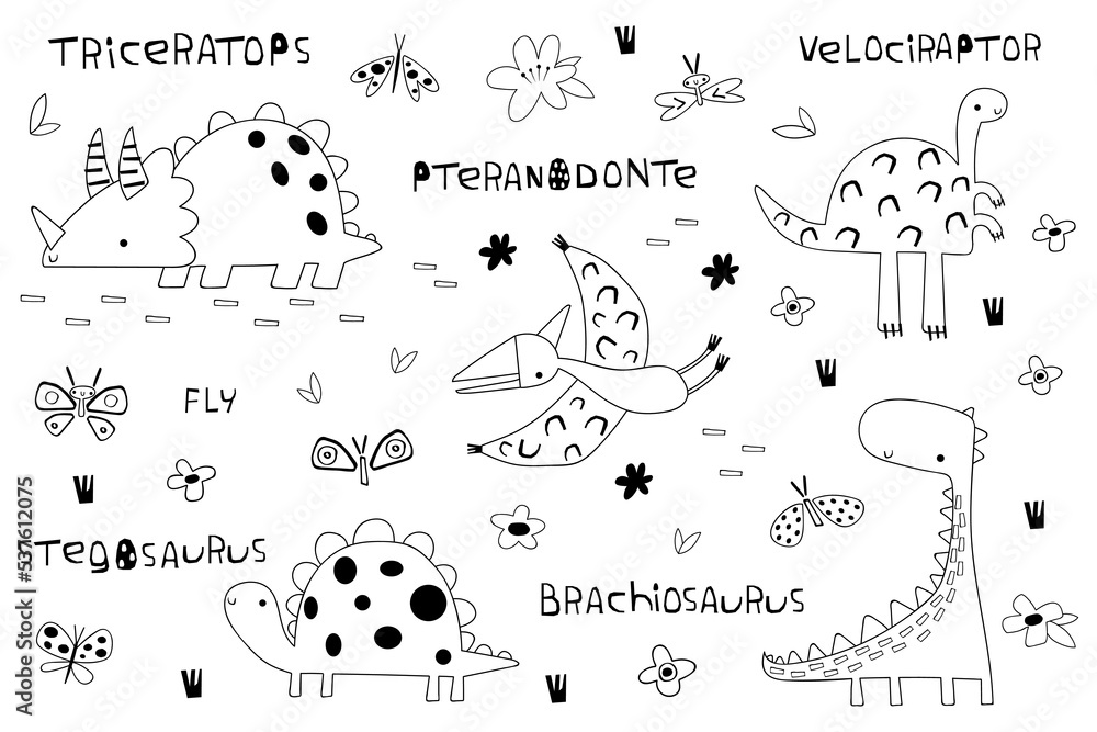 black and white illustration of a dinosaur for a childrens poster ...