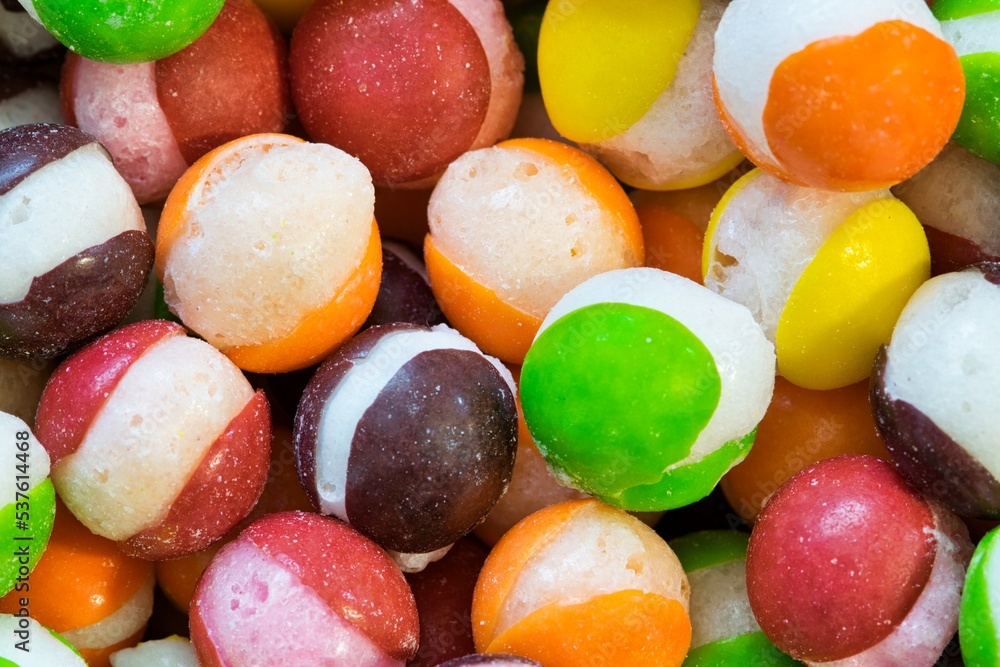 Freeze dried Skittles hard candy split centers, colorful sweet food ...