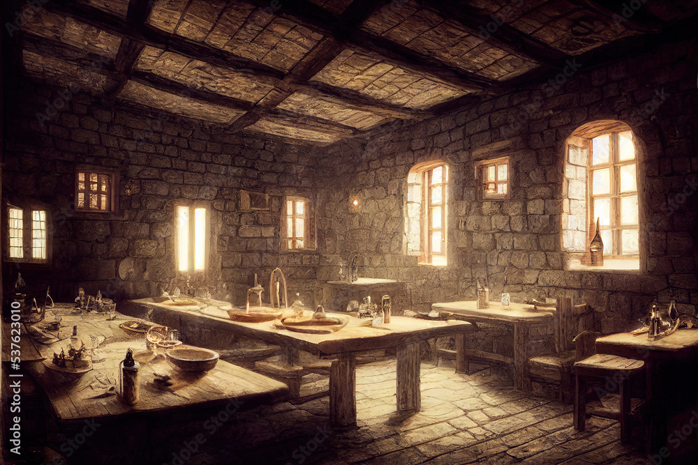 medieval tavern bar interior, art illustration Stock Illustration ...