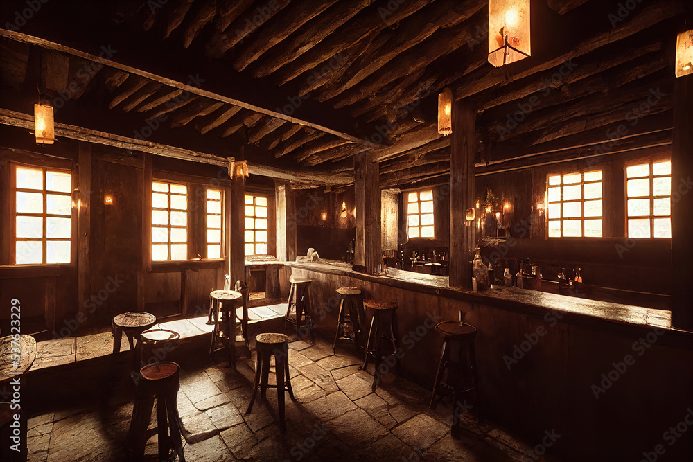 medieval tavern bar interior, art illustration Stock Illustration ...