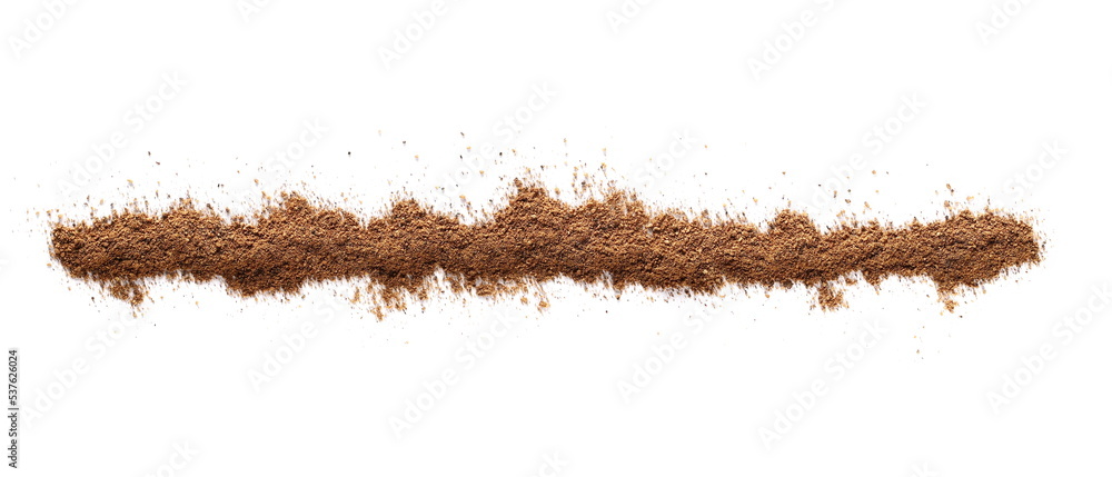 Pile ground, milled nutmeg powder line isolated on white, top view ...