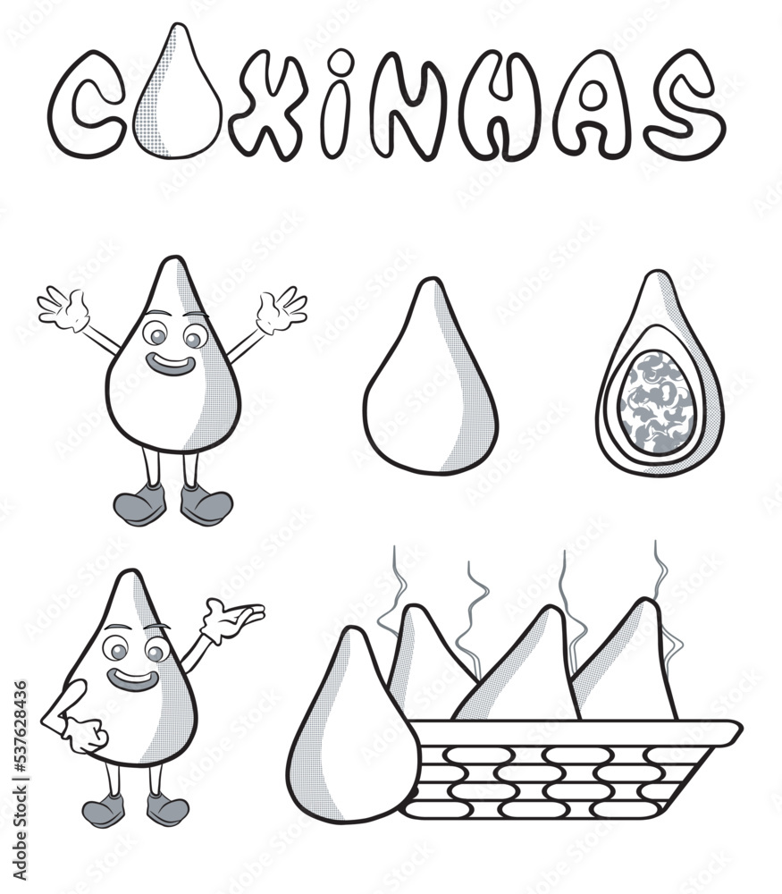 Set of coxinha brazilian food illustrations. Includes two mascots, two ...