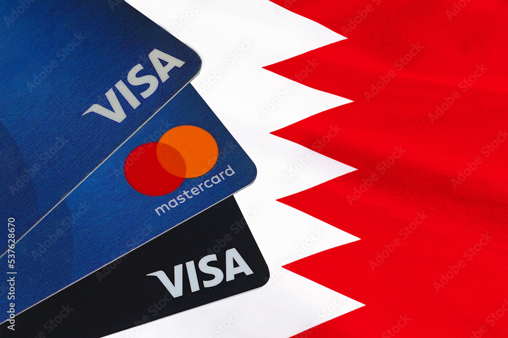 Bahrain flag and Visa Card, Mastercard, debit cards. 10 March 2022. Tel ...