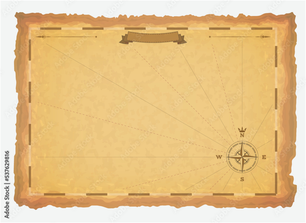 Map template. Wind rose, and text banner ribbon on old brown paper ...