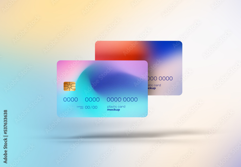 Floating Deposit Bank Cards Mockup – Vibrant Dual Color Plastic Cards with Modern Gradient ...