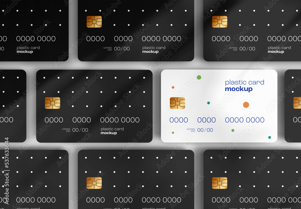 Multiple Bank Cards Mockup – White Plastic Card Standing Out Among Black Deposit Cards ...