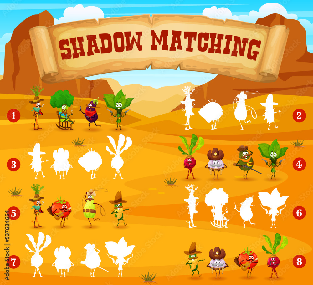 Shadow matching game. Cartoon vegetable sheriff, cowboy, bandit and ...