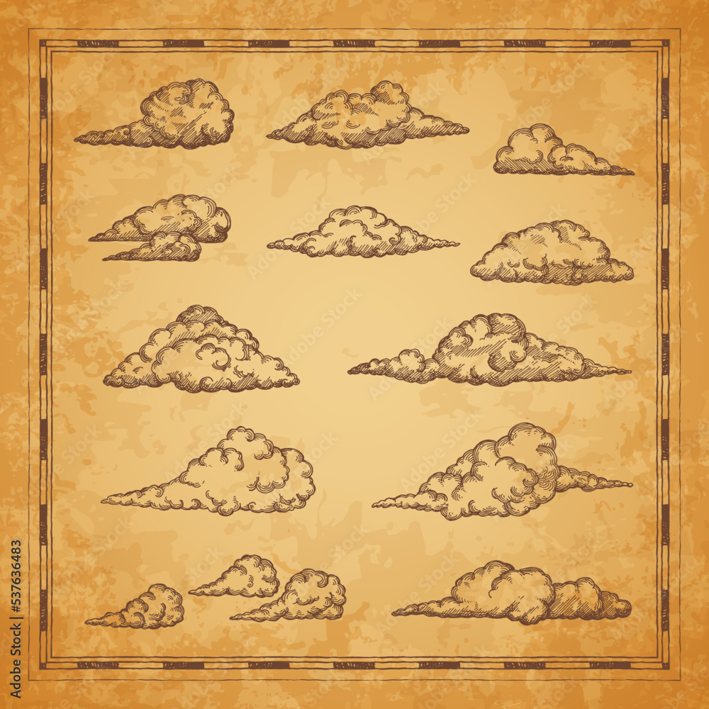 Vintage map clouds and cloudiness sketch for adventure map, vector ...