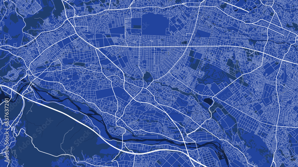 Detailed map poster of Sagamihara city, linear print map. Blue skyline ...