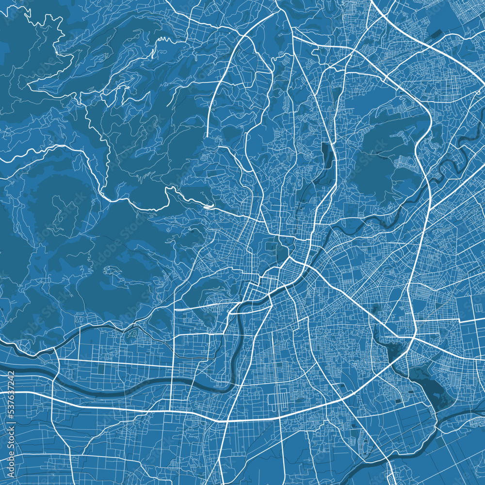 Detailed map poster of Kumamoto city, linear print map. Blue skyline ...