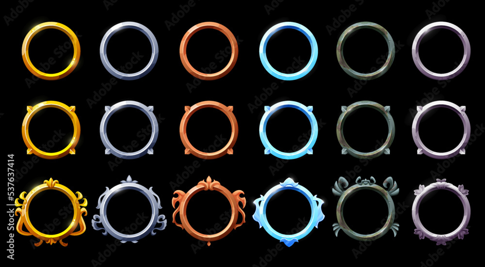 Golden, silver, bronze, copper and rusty metal circle frames, vector ...