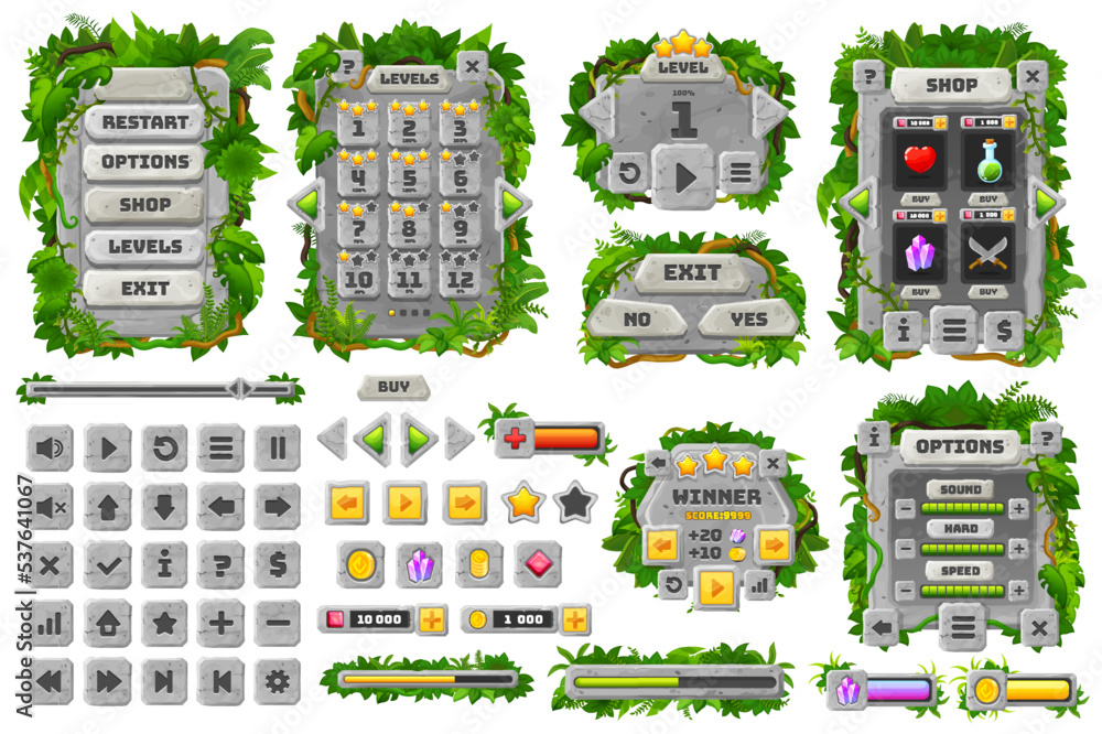 Jungle stones game interface, cartoon GUI elements and UI vector game ...