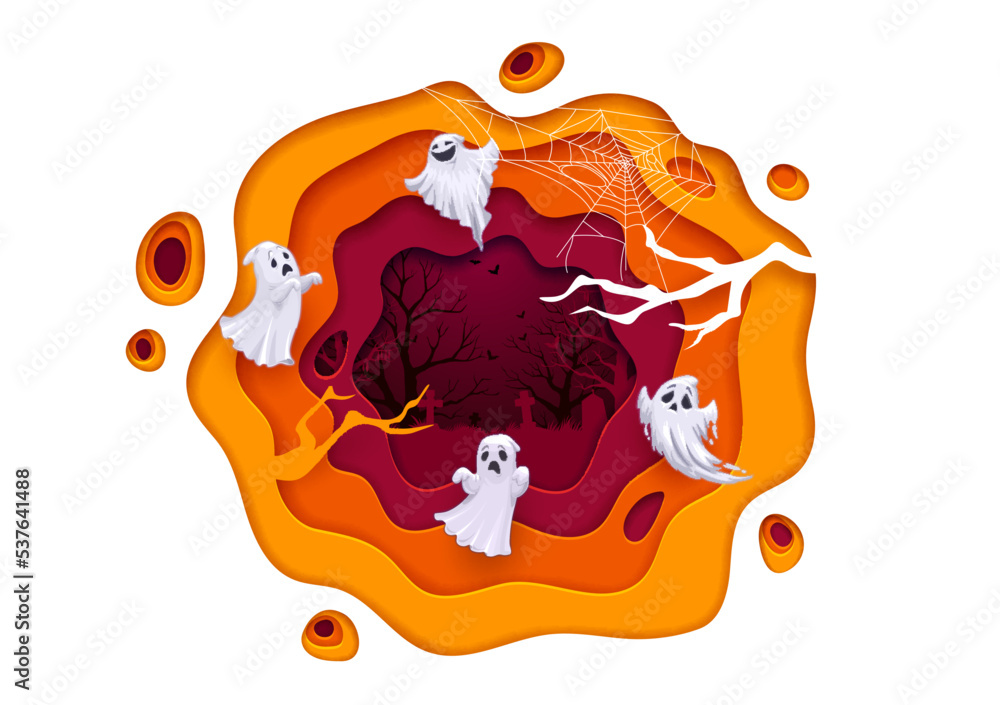 Halloween ghosts paper cut poster. Vector october holiday design with ...