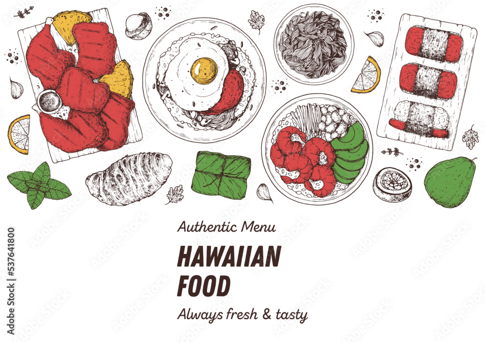 Hawaiian food top view vector illustration. Food menu design template ...