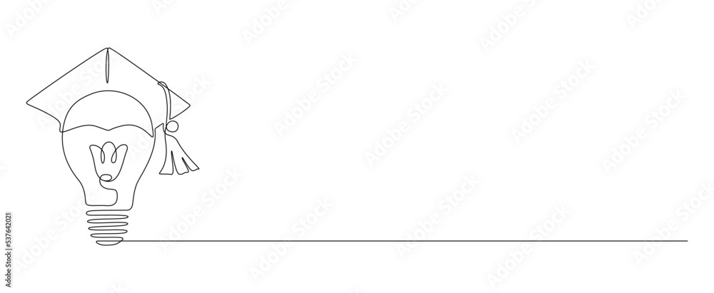 One continuous line drawing of Light Bulb with Graduation Hat ...