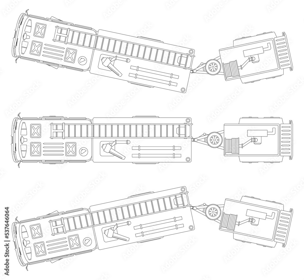 Fire truck, fire engine, fire lorry, fire trailer. A top view of ...