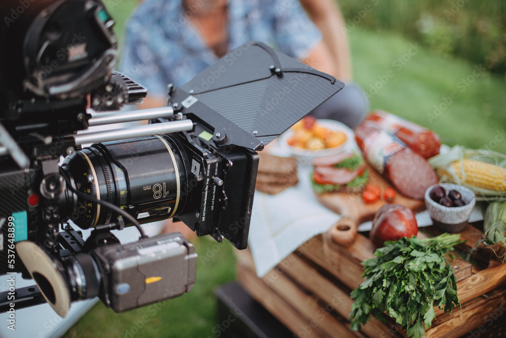 Professional cinema and video camera on the set. Shooting shift ...