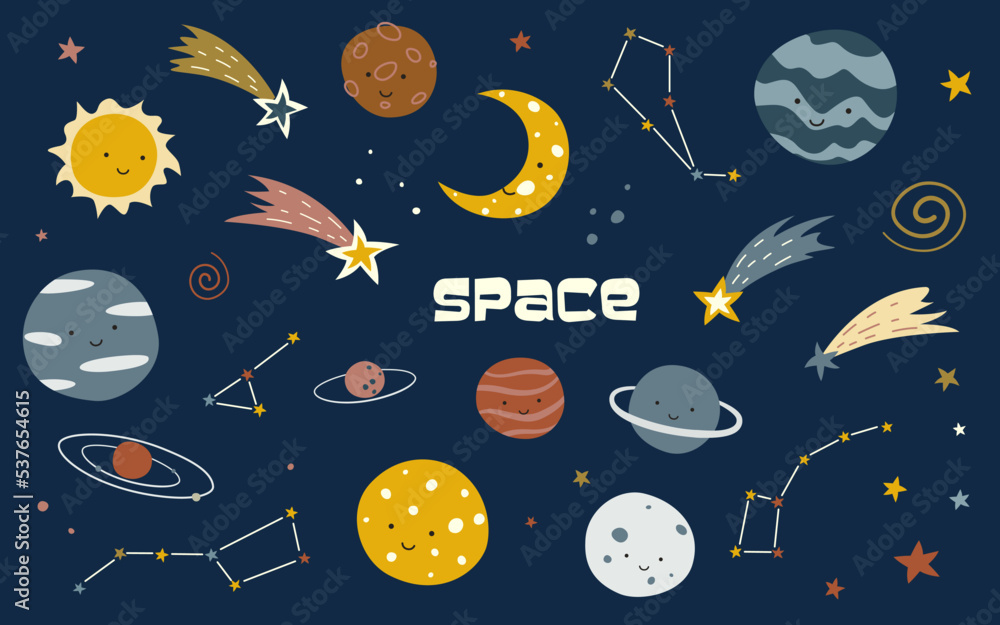 Cute outer space set. Sun, moon, mars, planets, constellations, comets ...
