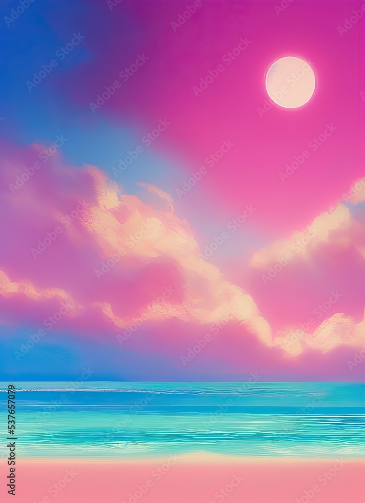 Beach horizon view of the tropical pink ocean and a clear sky, pink ...