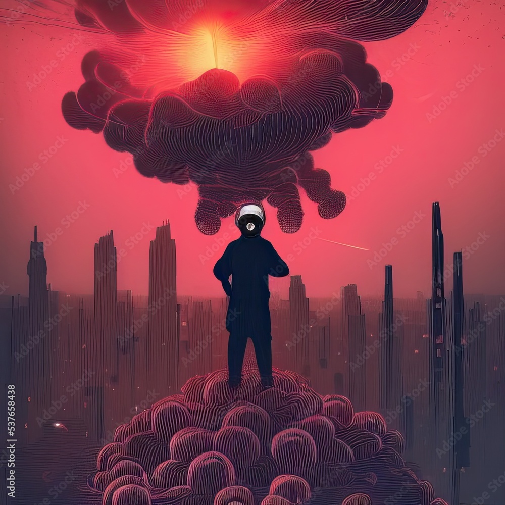 nuclear war explosion atomic bomb on a city ruins, person standing in a ...
