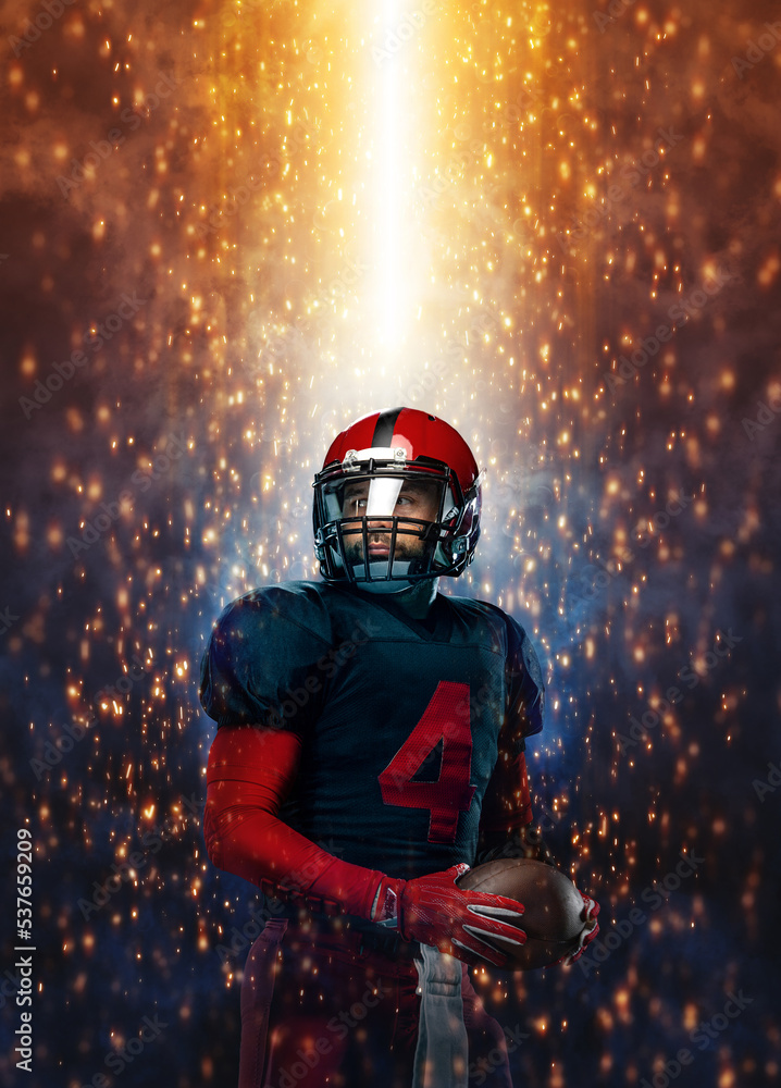 American football player, athlete sportsman in red helmet on stadium ...