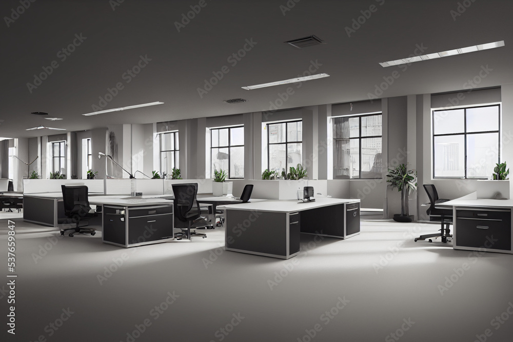 ภาพประกอบสต็อก Open plan office space interior with partitions. Mockup ...