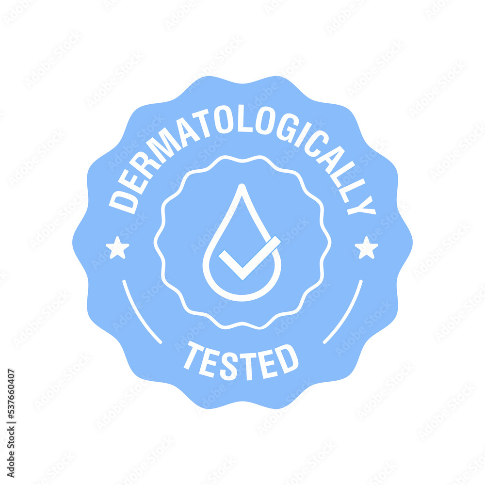 Dermatologically tested vector label with water drop and check mark ...