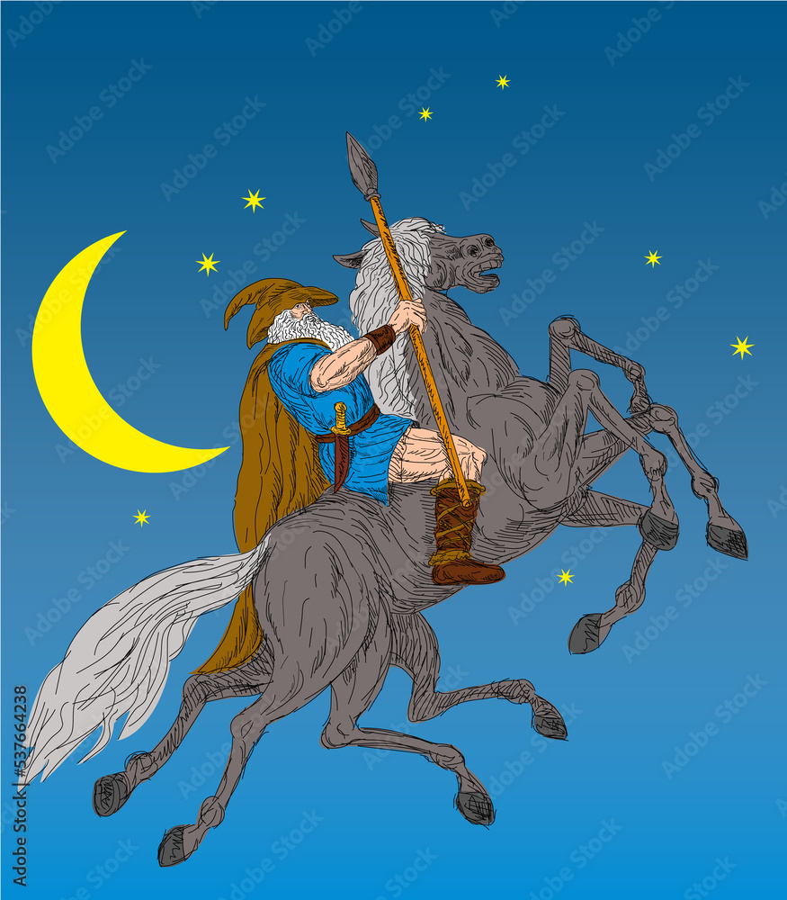 illustration of the Norse God Odin riding eight-legged horse, Sleipner ...