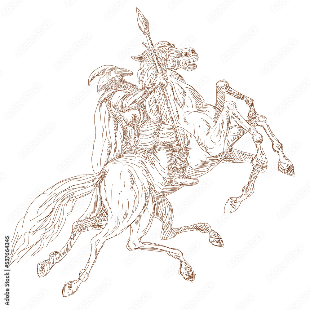 illustration of the Norse God Odin riding eight-legged horse, Sleipner ...