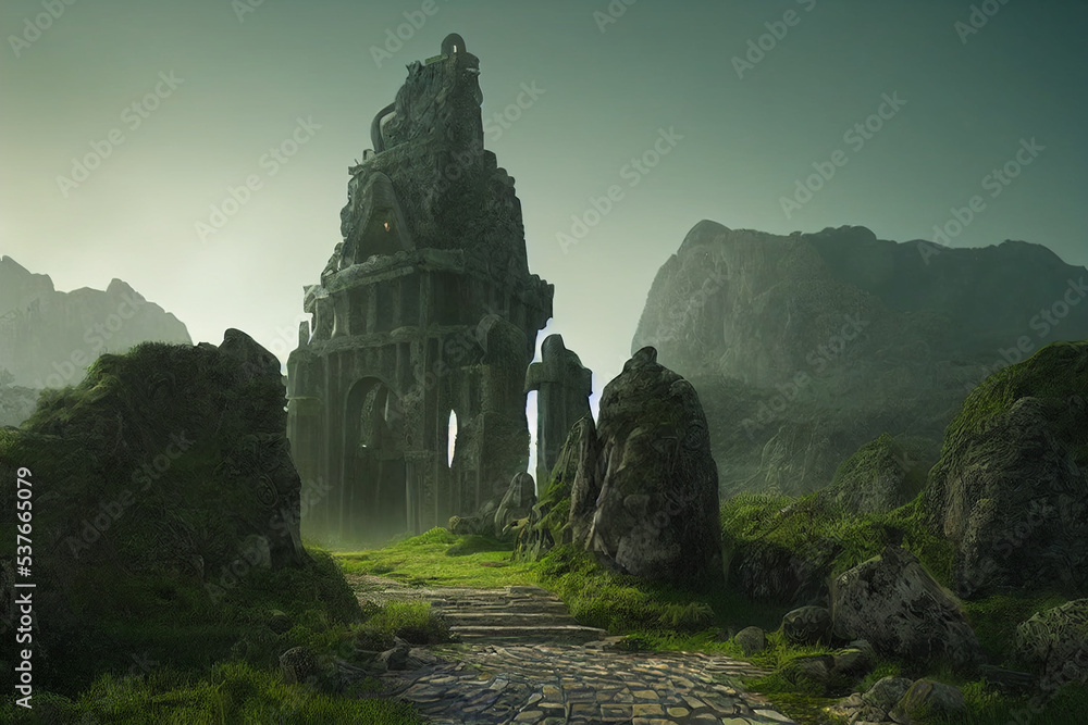 Fantasy ruins or gate with a fantastic scenery and monastery behind the ...