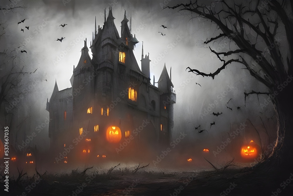The Halloween scary castle is looming in the distance, its spooky ...