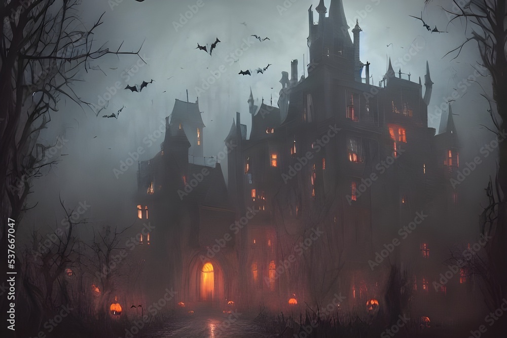 The scary castle is looming over the small town on Halloween night. The ...