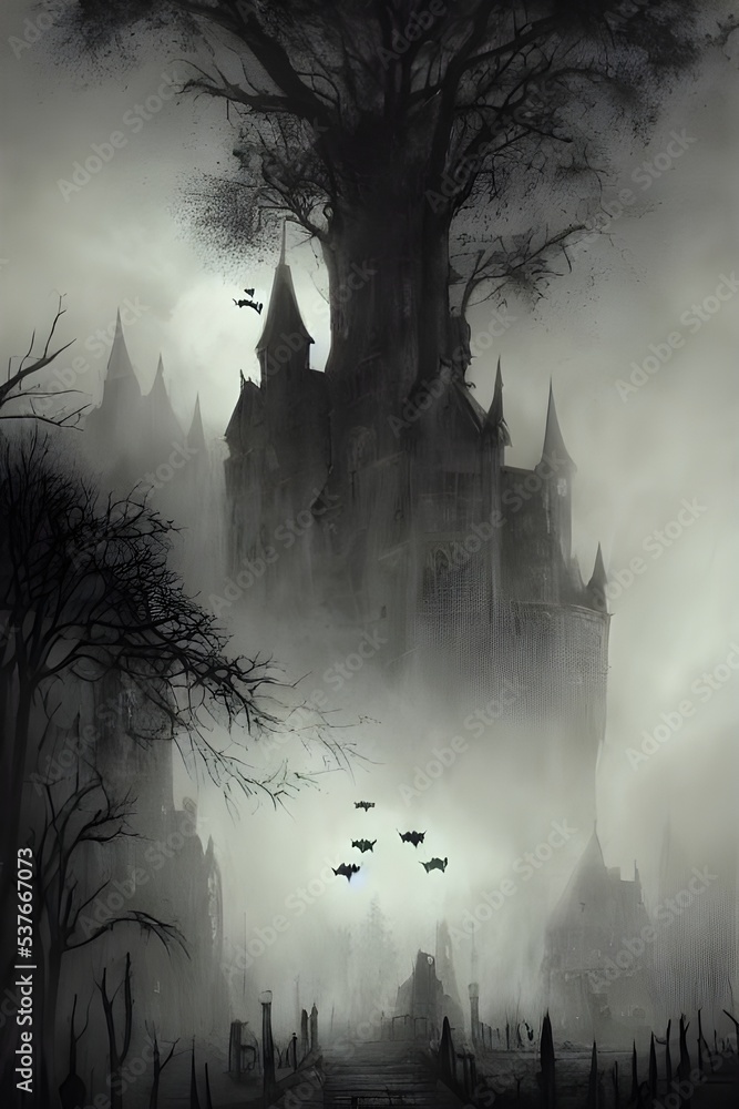 The Halloween scary castle is a dark, foreboding place. It's walls are ...