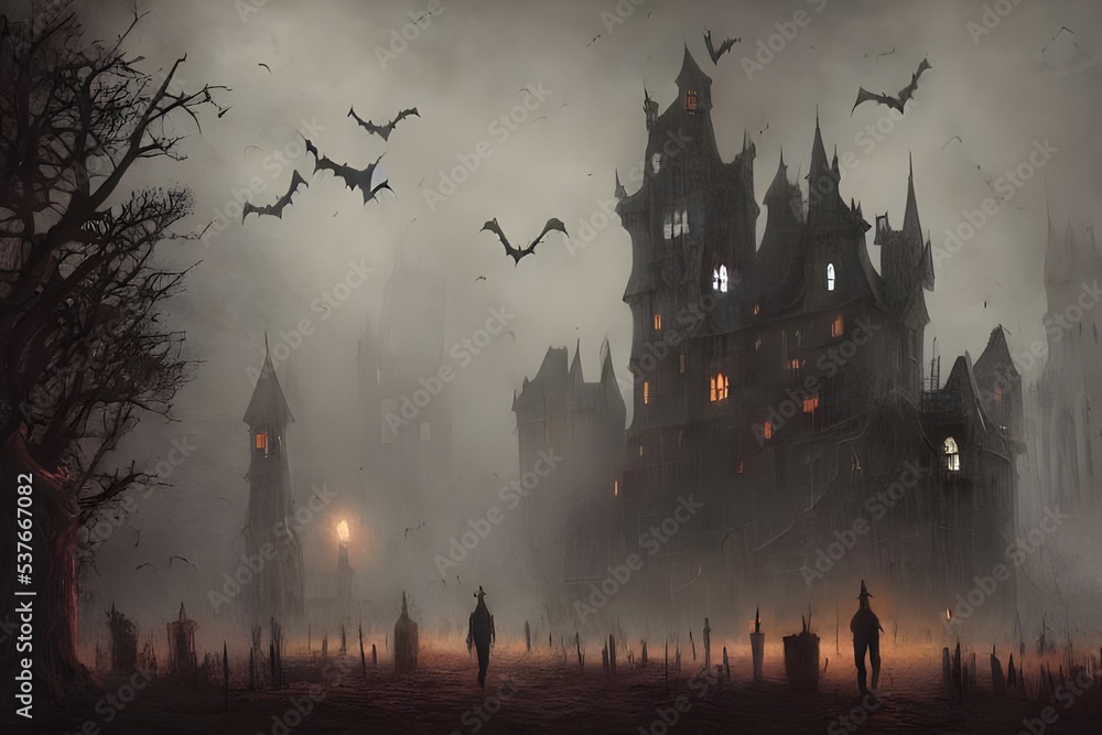 The Halloween scary castle is a spooky place that looks like it's ...